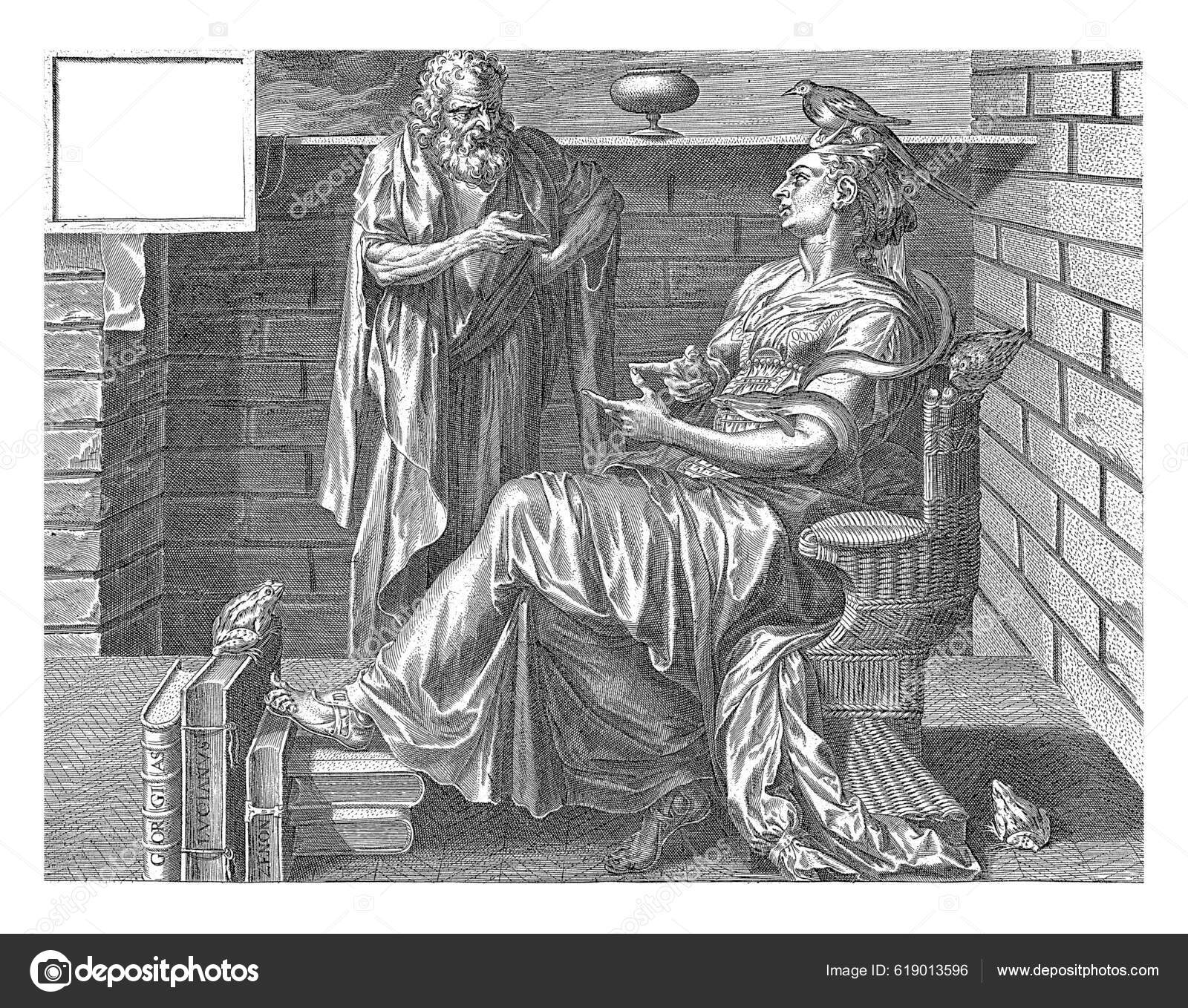 Dialectica Sits Chair Room Stone Walls Argues Old Man She Stock ...