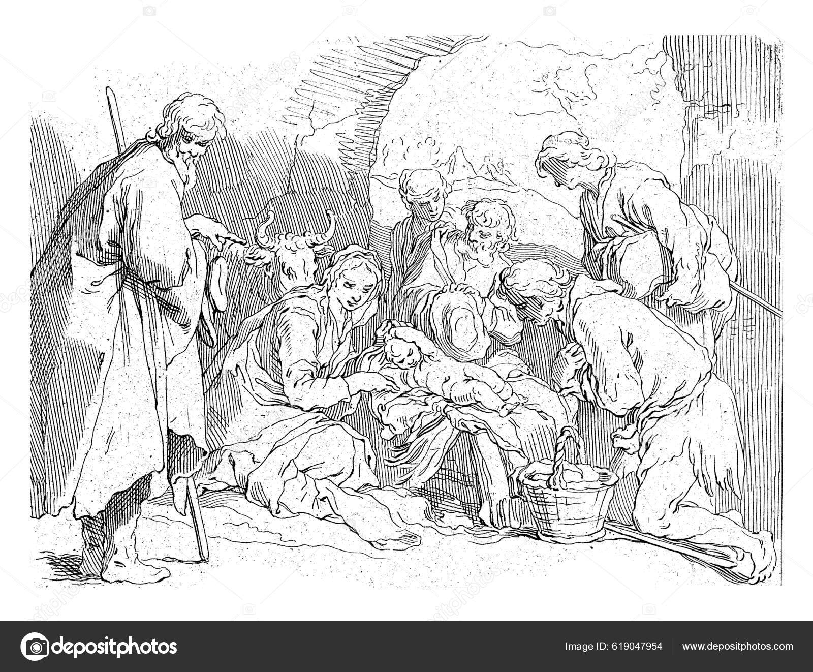 Joseph Standing Mary Kneeling Next Manger Child Shepherds Bend Child ...