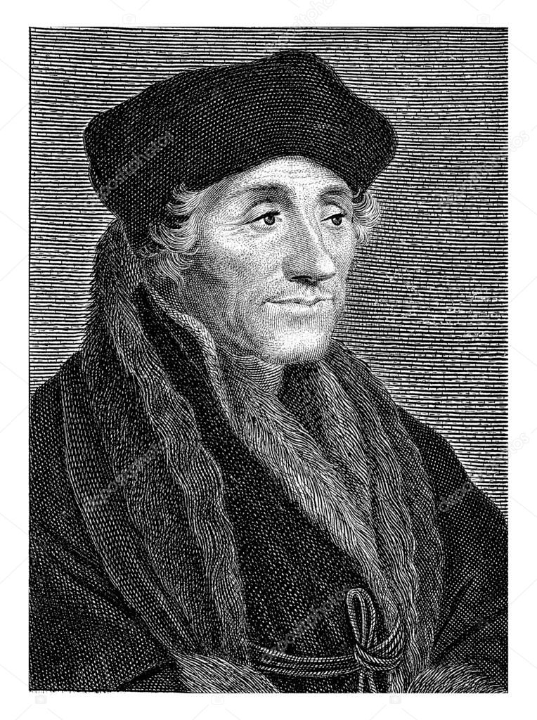 Busto de Desiderio Erasmo. Debajo de la representación un verso de ocho ...