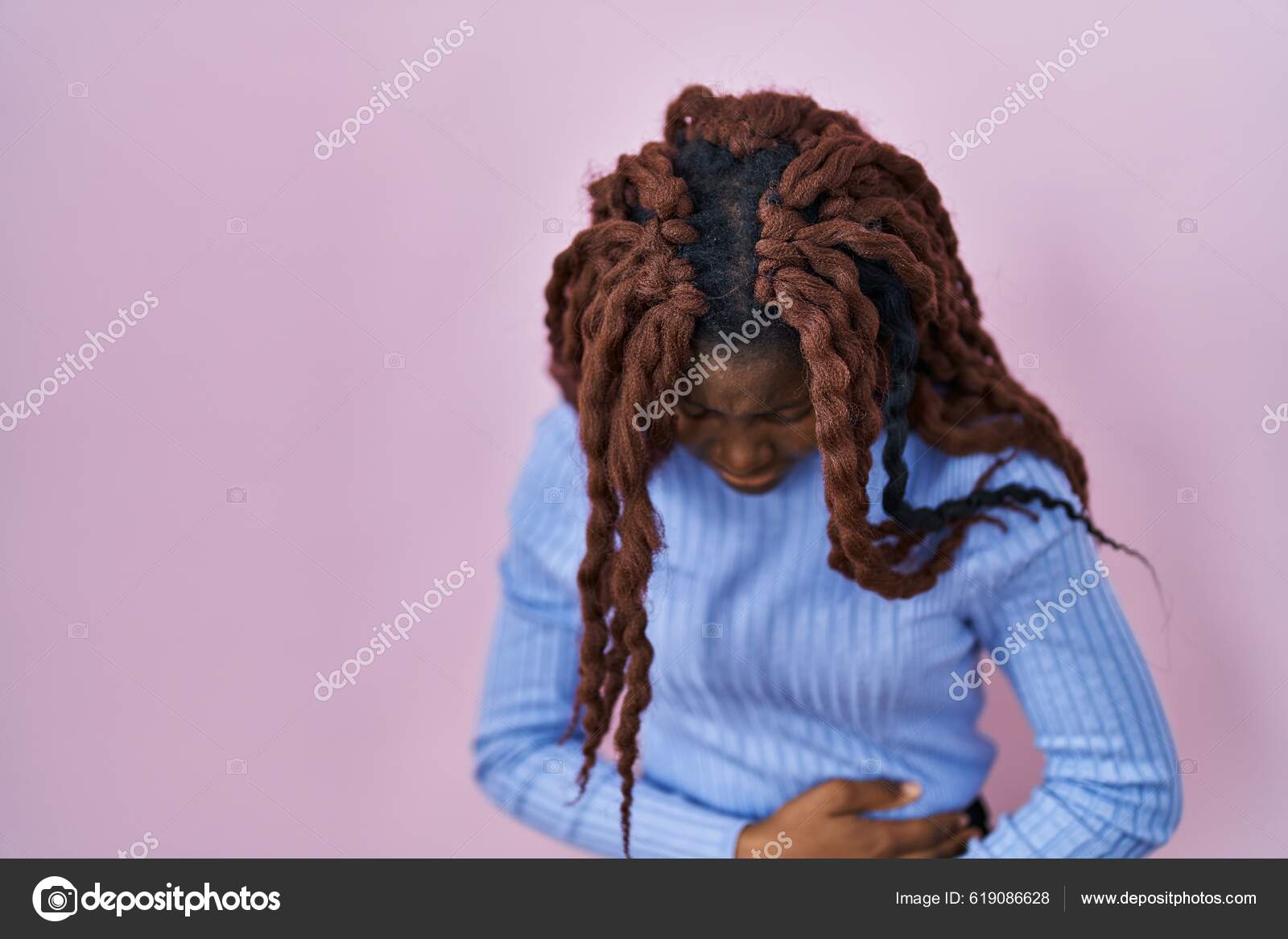African Woman Standing Pink Background Hand Stomach Because Indigestion ...