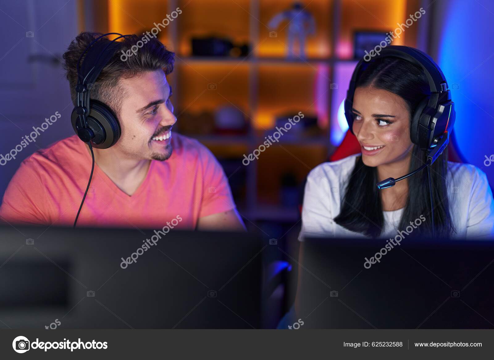 Man Woman Streamers Playing Video Game Using Computer Gaming Room ...
