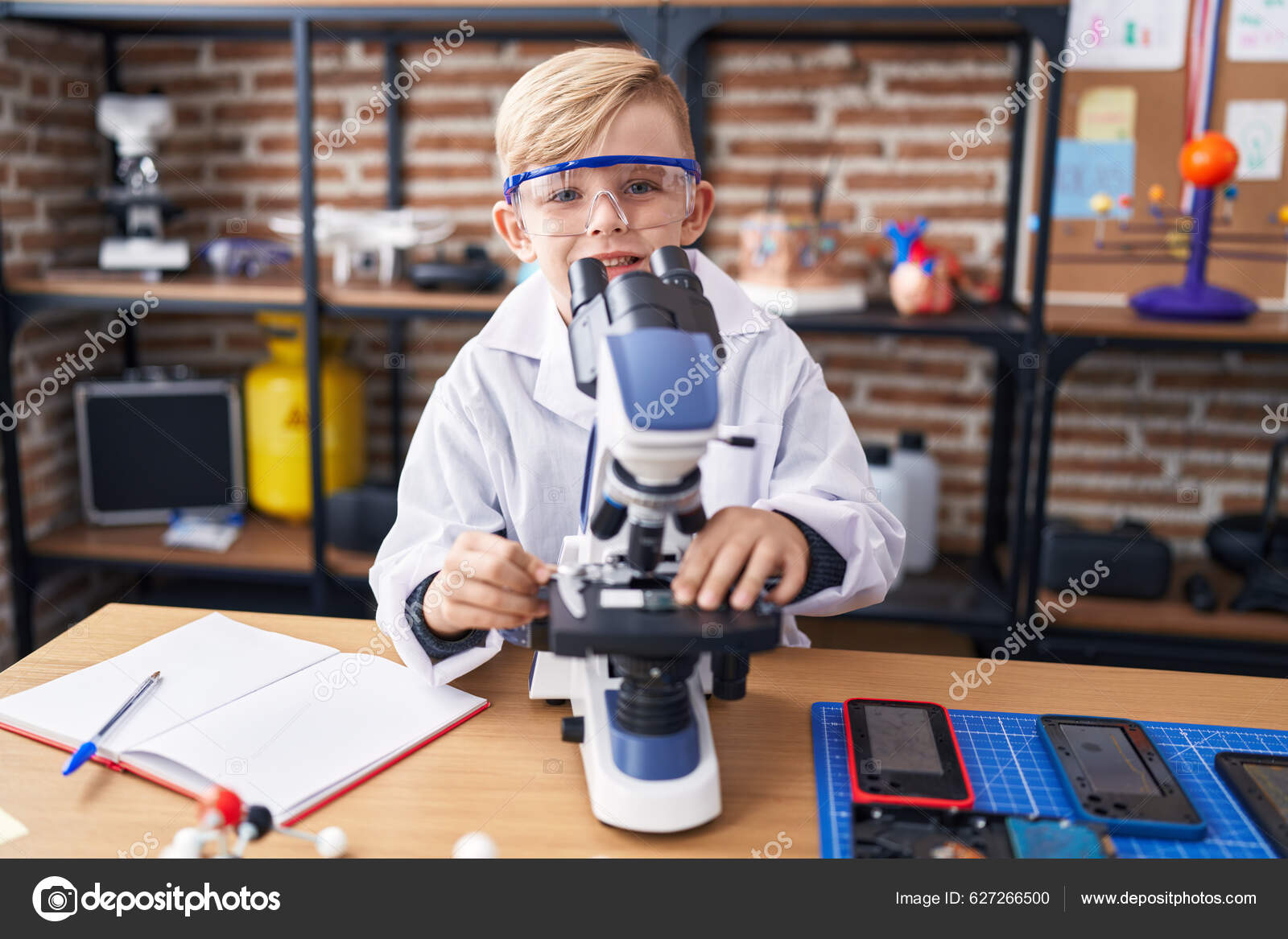 Adorable Toddler Student Using Microscope Standing Classroom — Stock ...