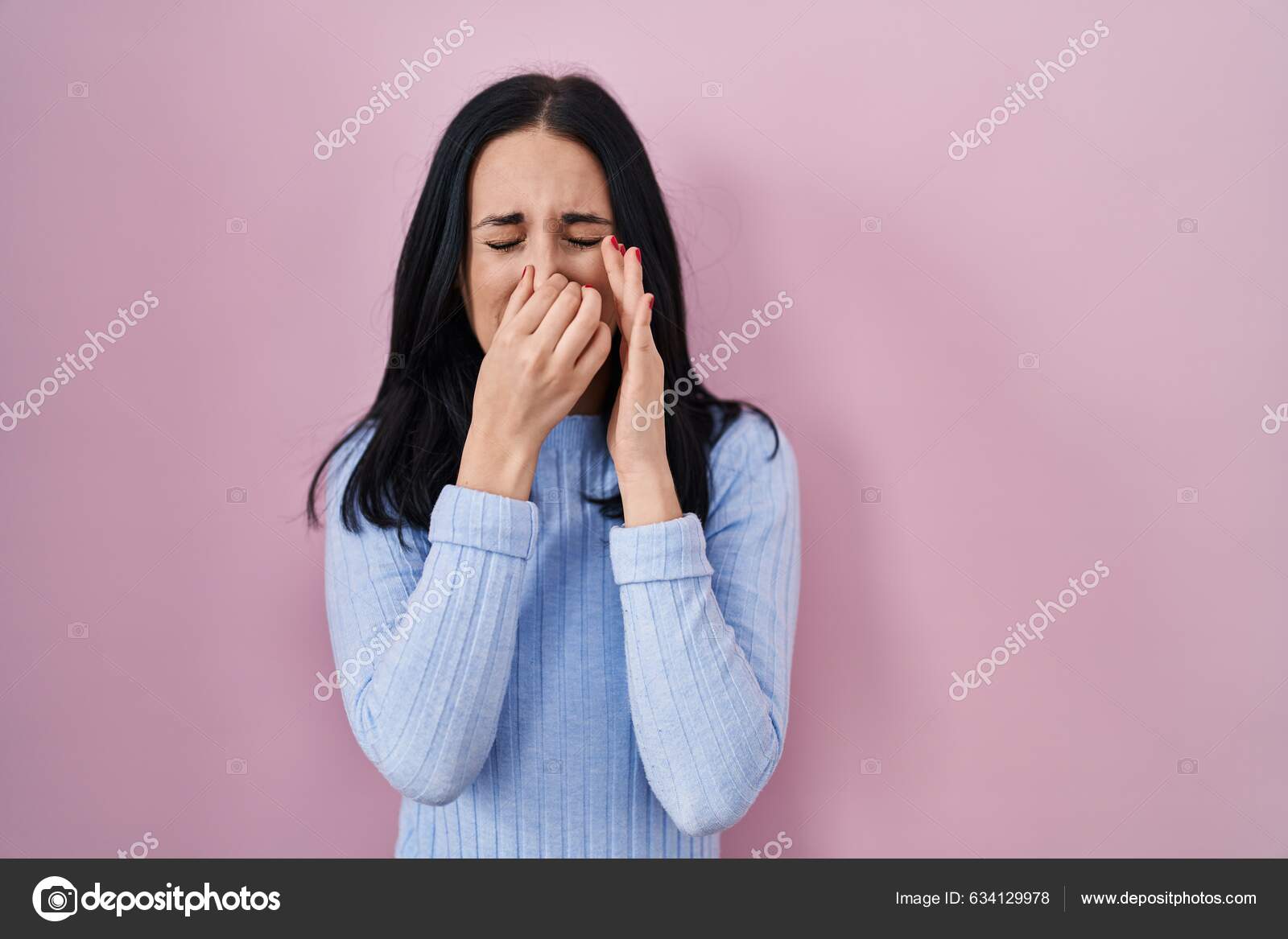 Hispanic Woman Standing Pink Background Smelling Something Stinky ...
