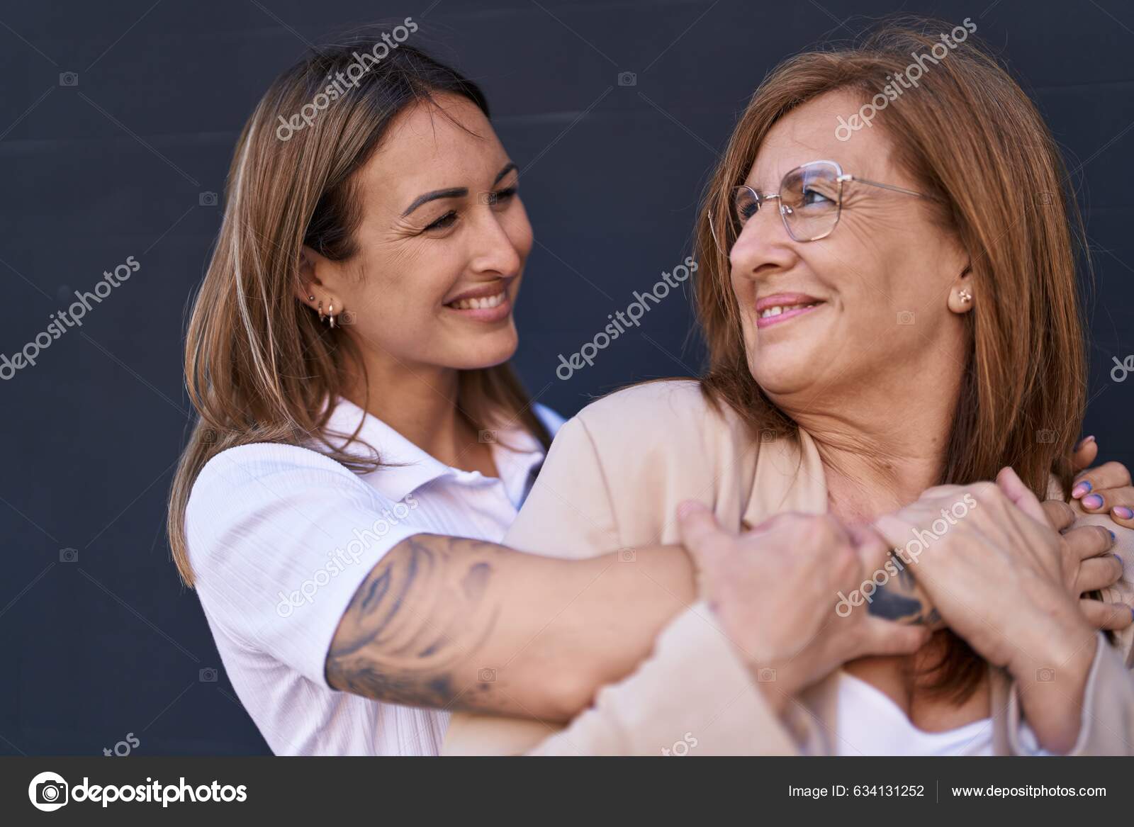 Mother Daughter Smiling Confident Hugging Each Other Black Background