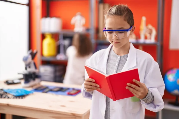 Two Kids Students Using Microscopes Standing Laboratory Classroom ...