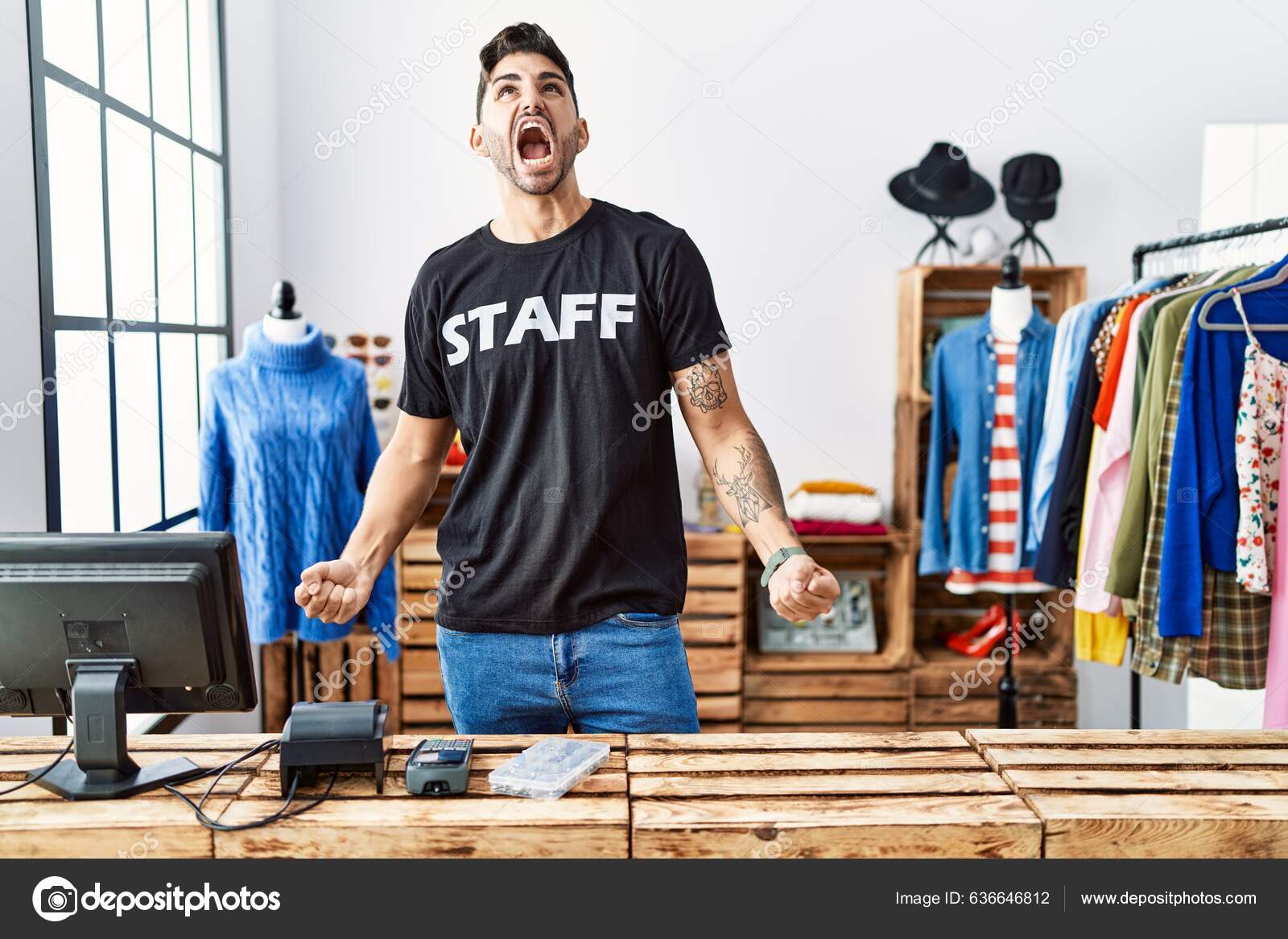 Young Hispanic Man Working Retail Boutique Angry Mad Screaming ...