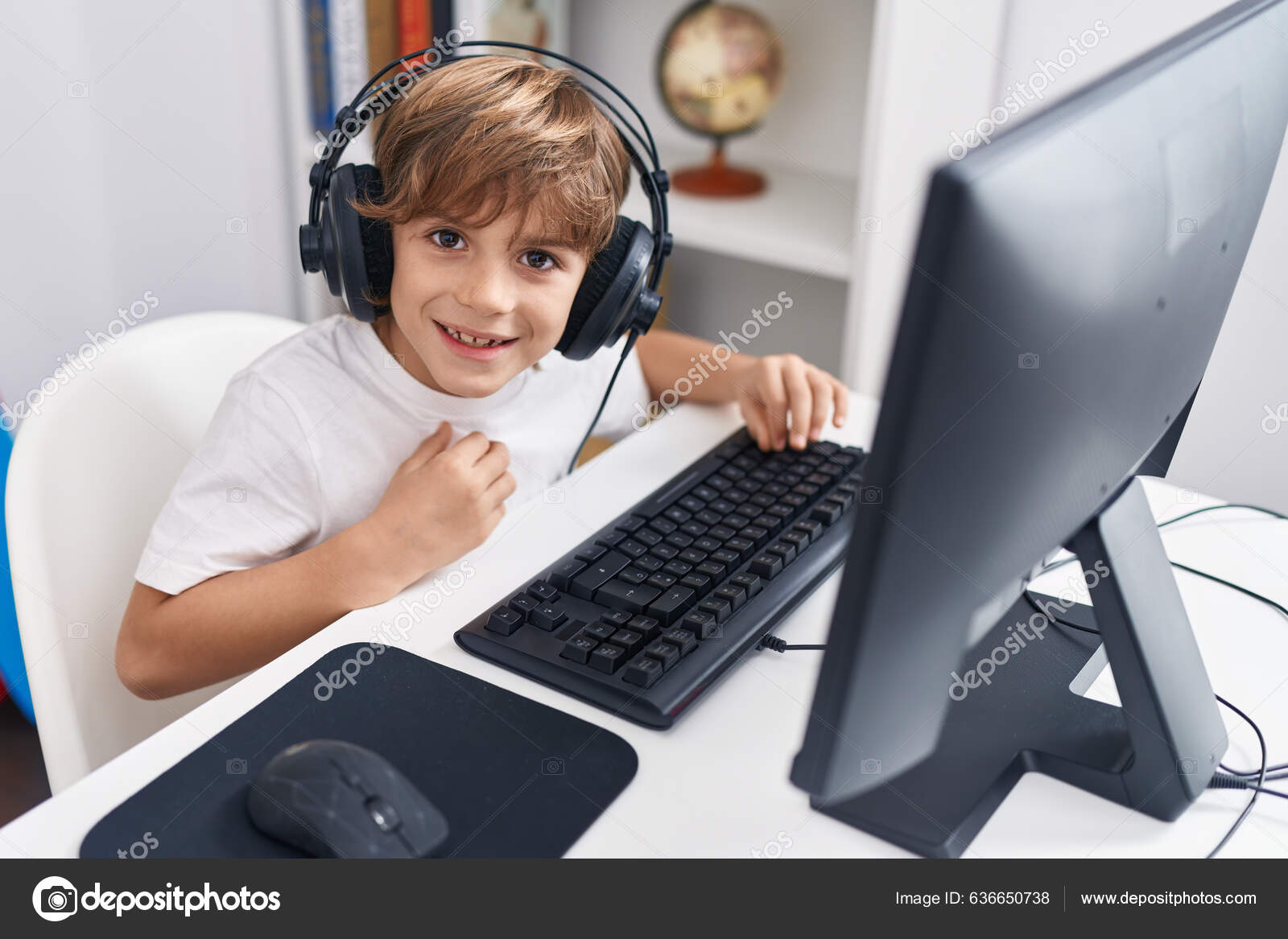 Adorable Caucasian Boy Student Using Computer Sitting Table Classroom ...