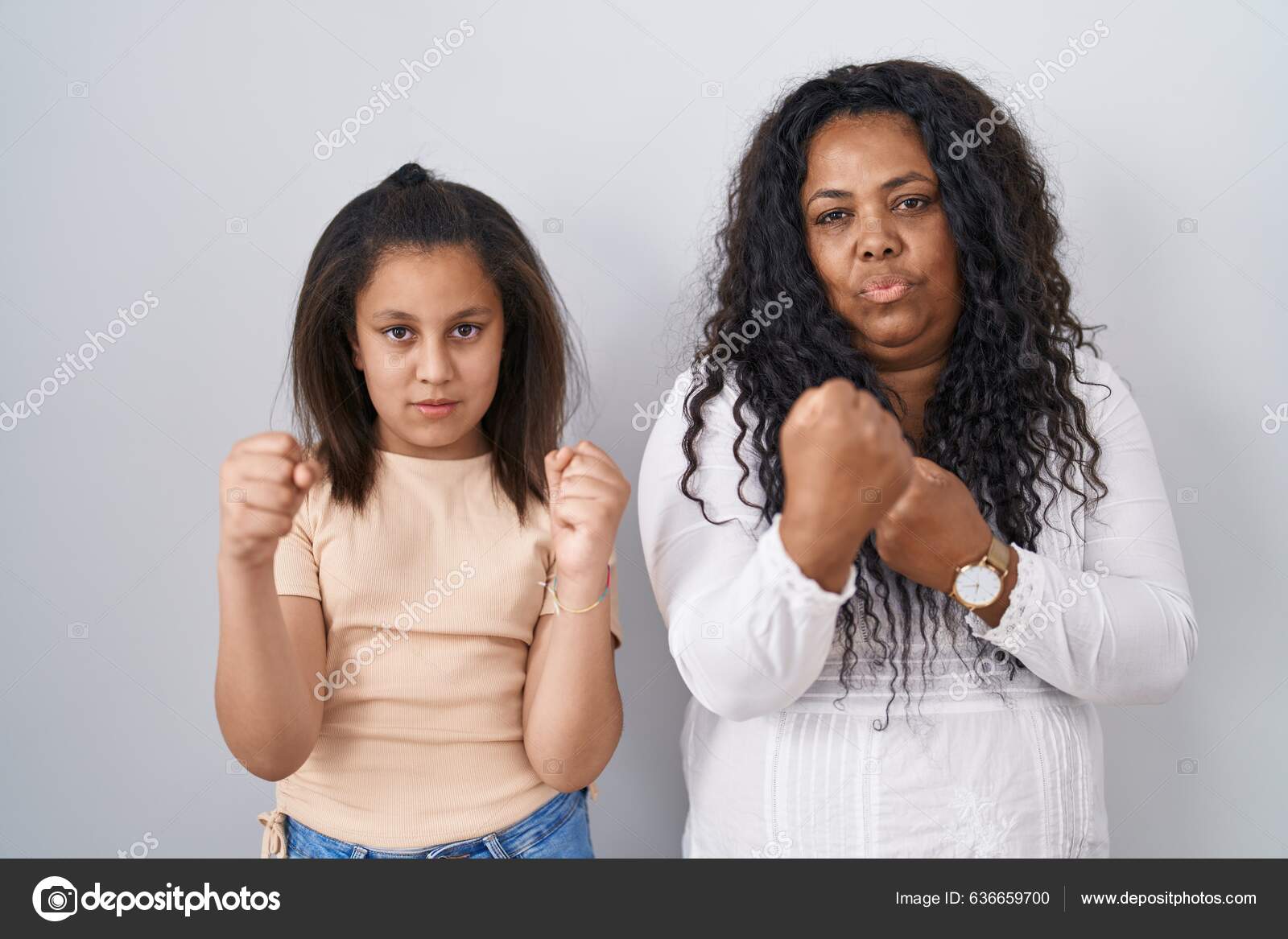 Mother Young Daughter Standing White Background Ready Fight Fist ...