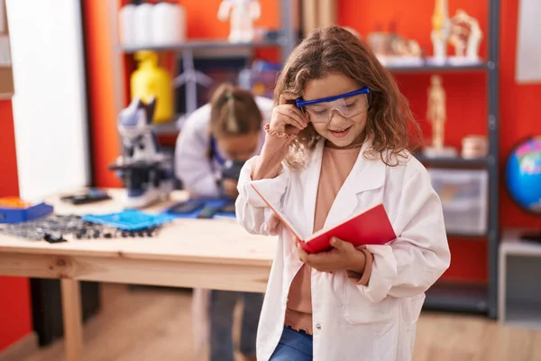 Two Kids Students Using Microscopes Standing Laboratory Classroom ...