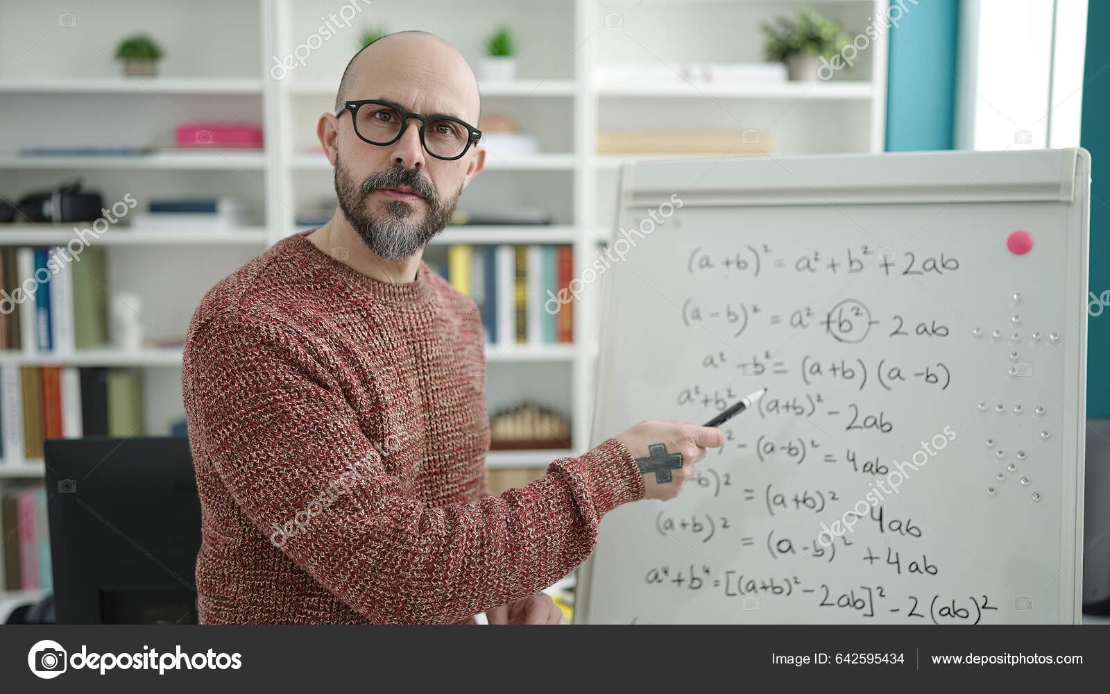 Young Bald Man Teacher Teaching Maths Magnetic Board University ...