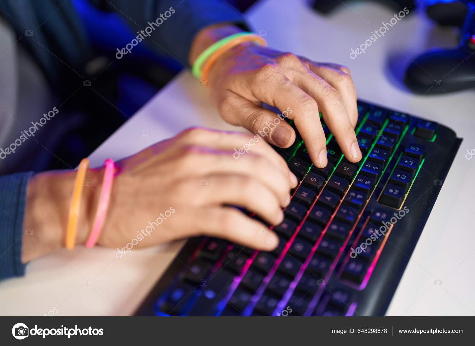 Young Caucasian Man Using Computer Keyboard Gaming Room — Stock Photo ...