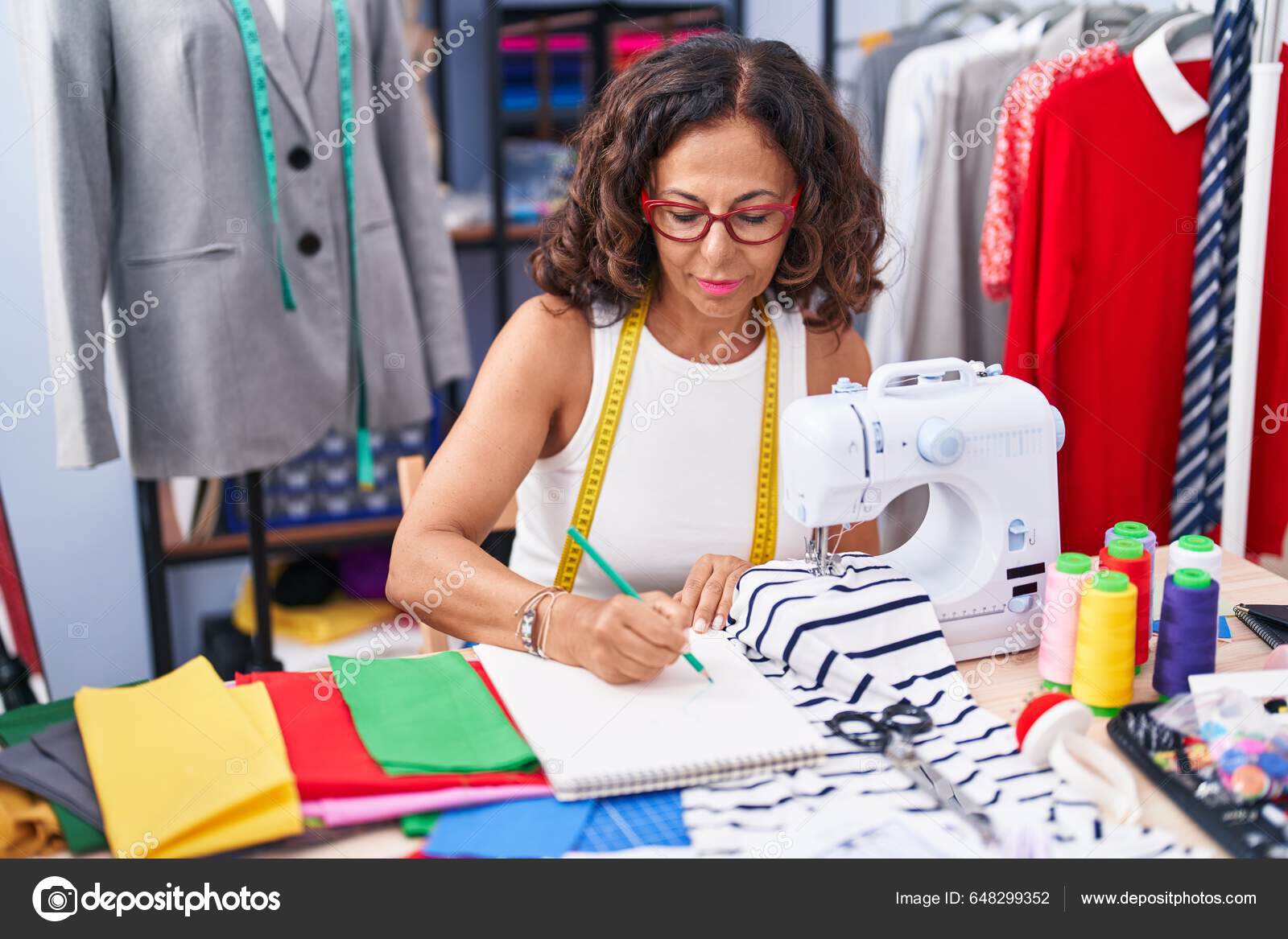 Middle Age Woman Tailor Drawing Notebook Clothing Factory — Stock Photo ...