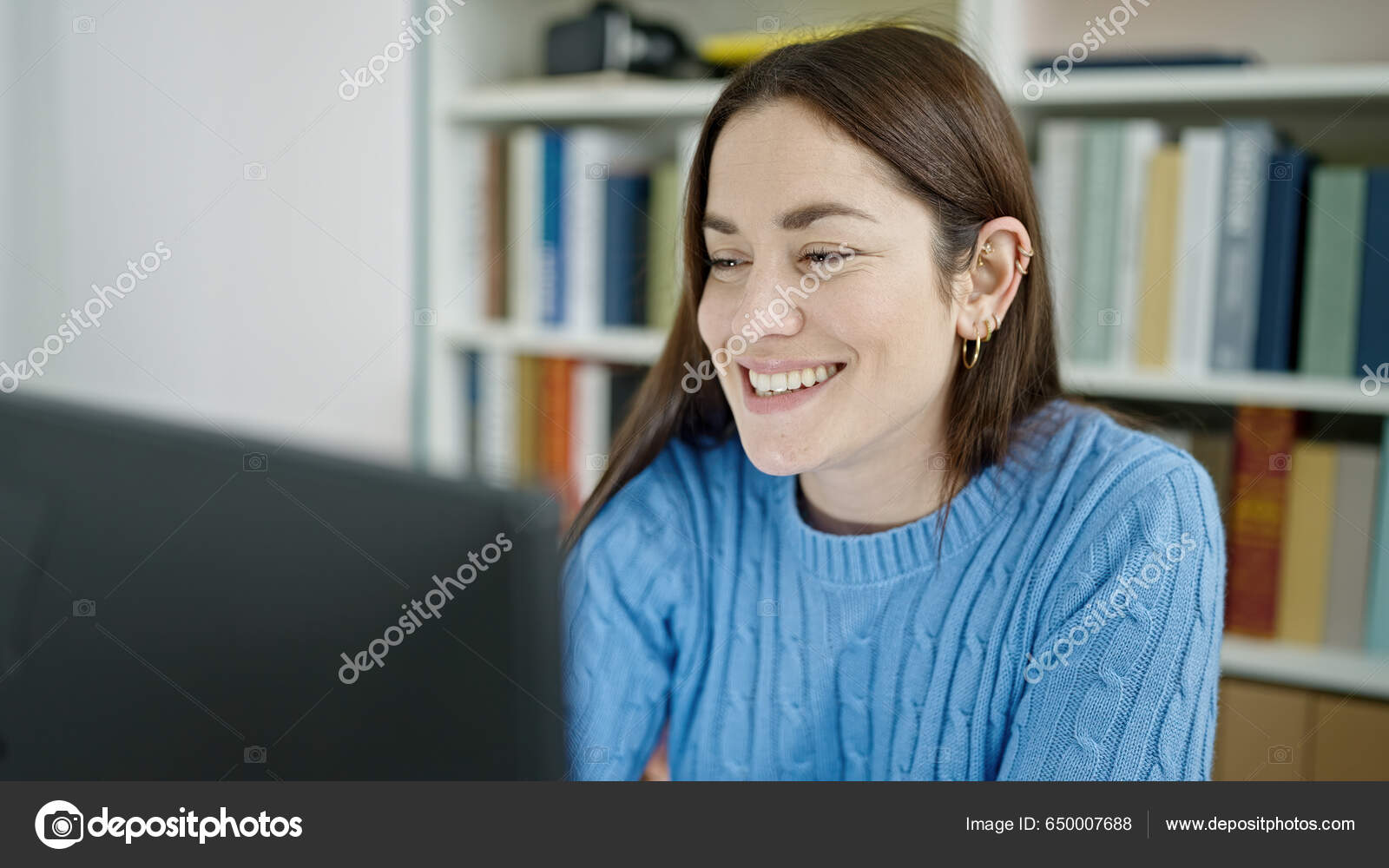 Young Caucasian Woman Student Using Computer Studying Library ...