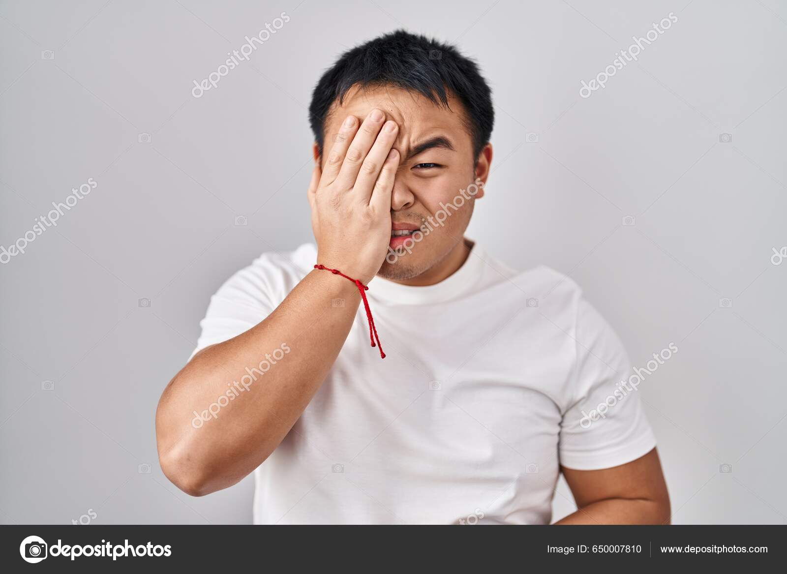 Young Chinese Man Standing White Background Yawning Tired Covering Half ...