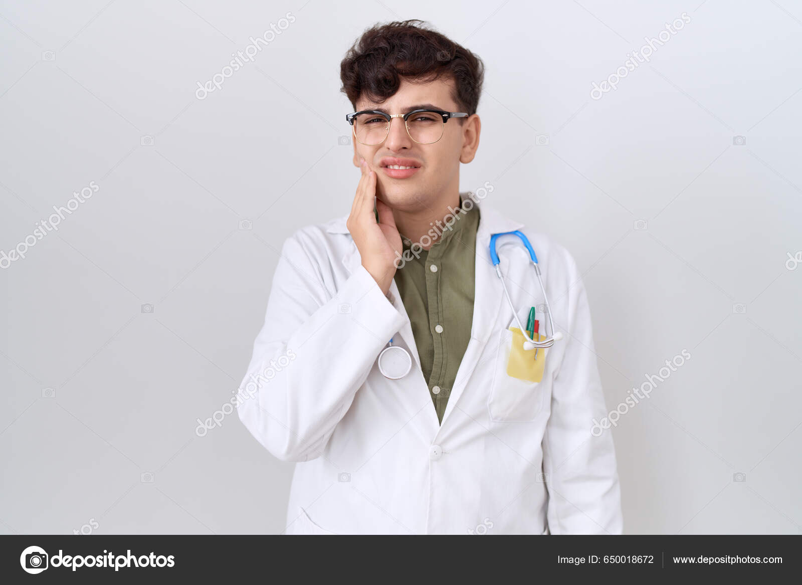 Young Non Binary Man Wearing Doctor Uniform Stethoscope Touching Mouth ...