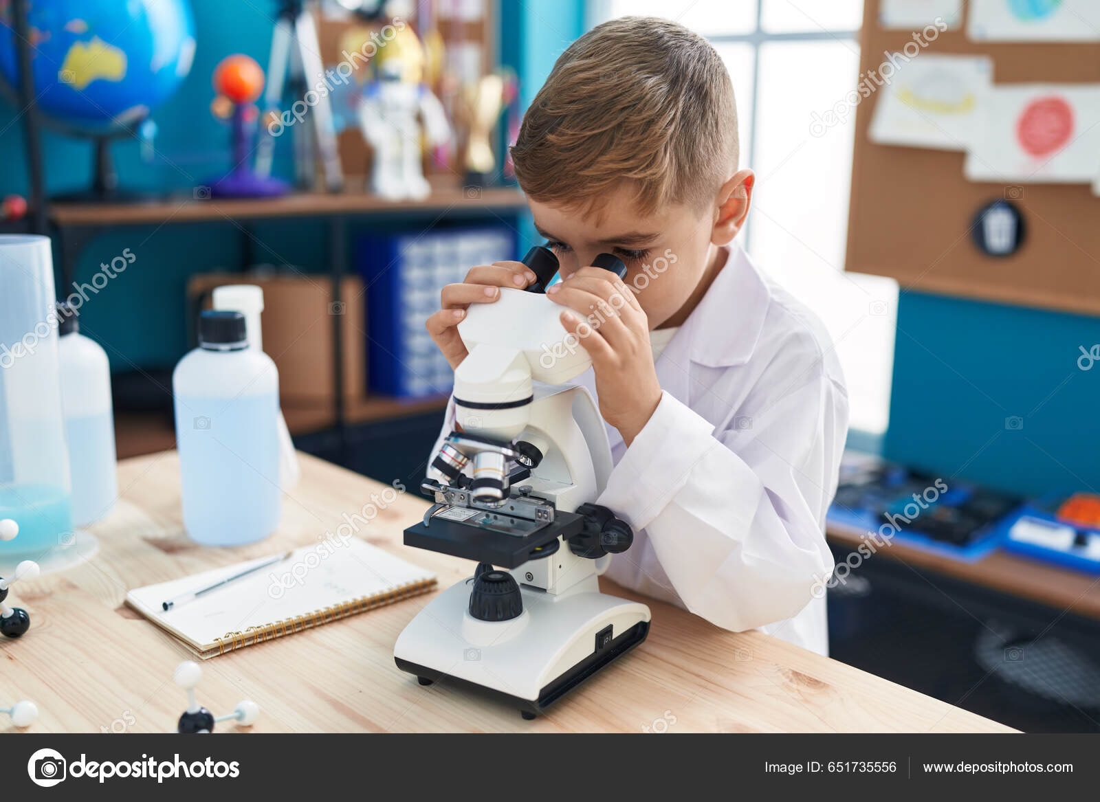 Adorable Hispanic Boy Student Using Microscope Laboratory Classroom ...