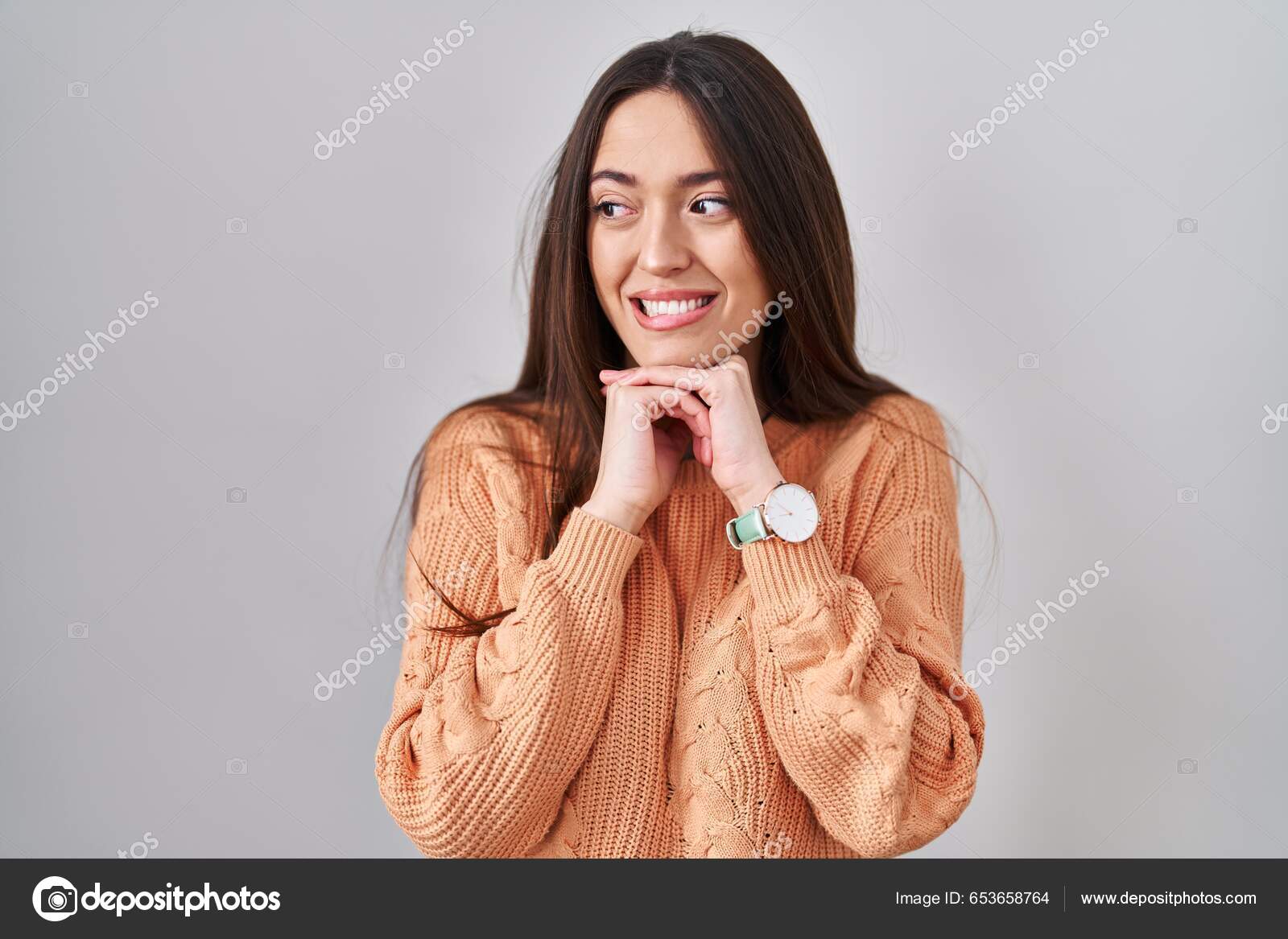 Young Brunette Woman Standing White Background Laughing Nervous Excited ...