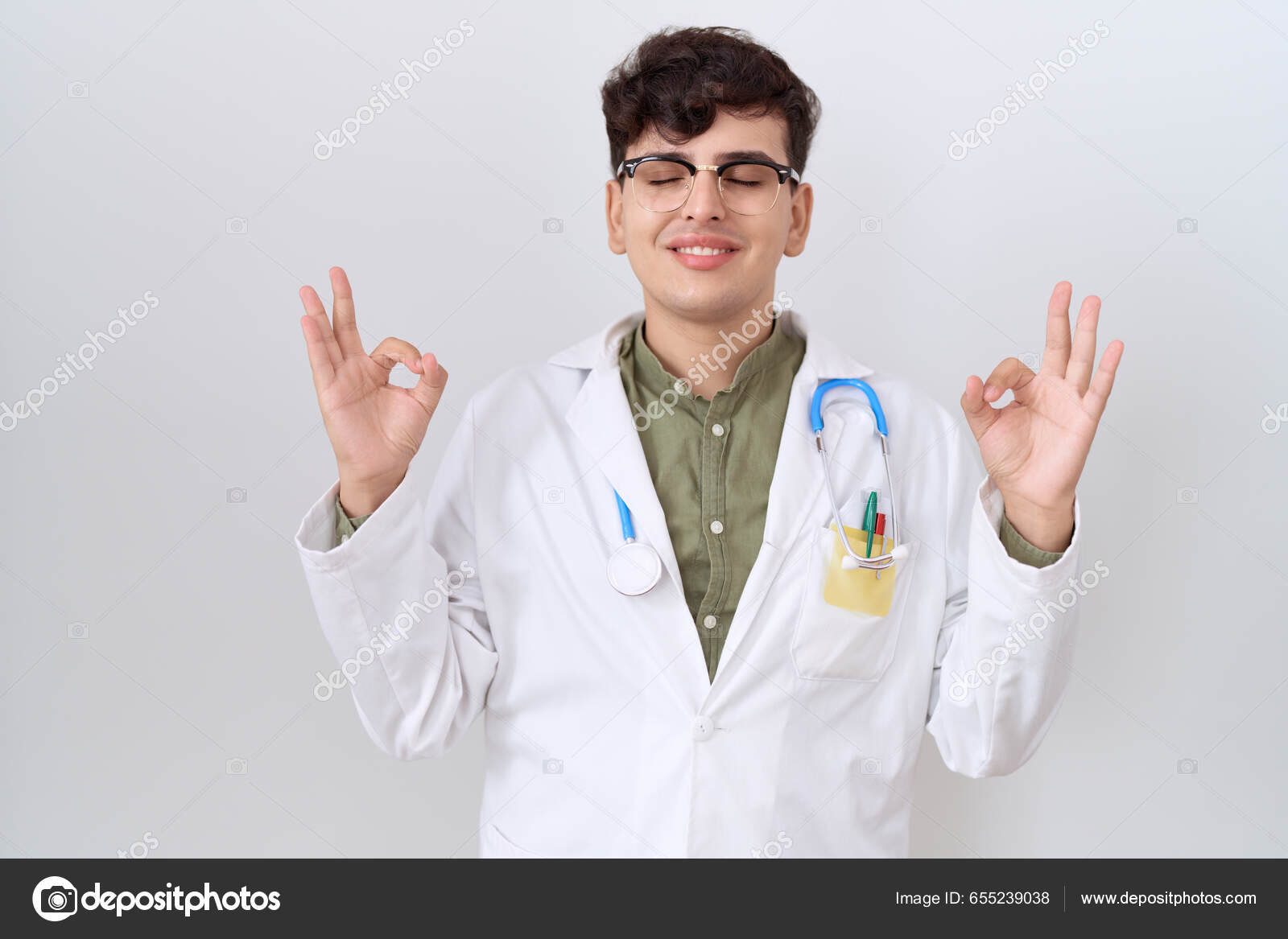 Young Non Binary Man Wearing Doctor Uniform Stethoscope Relax Smiling ...