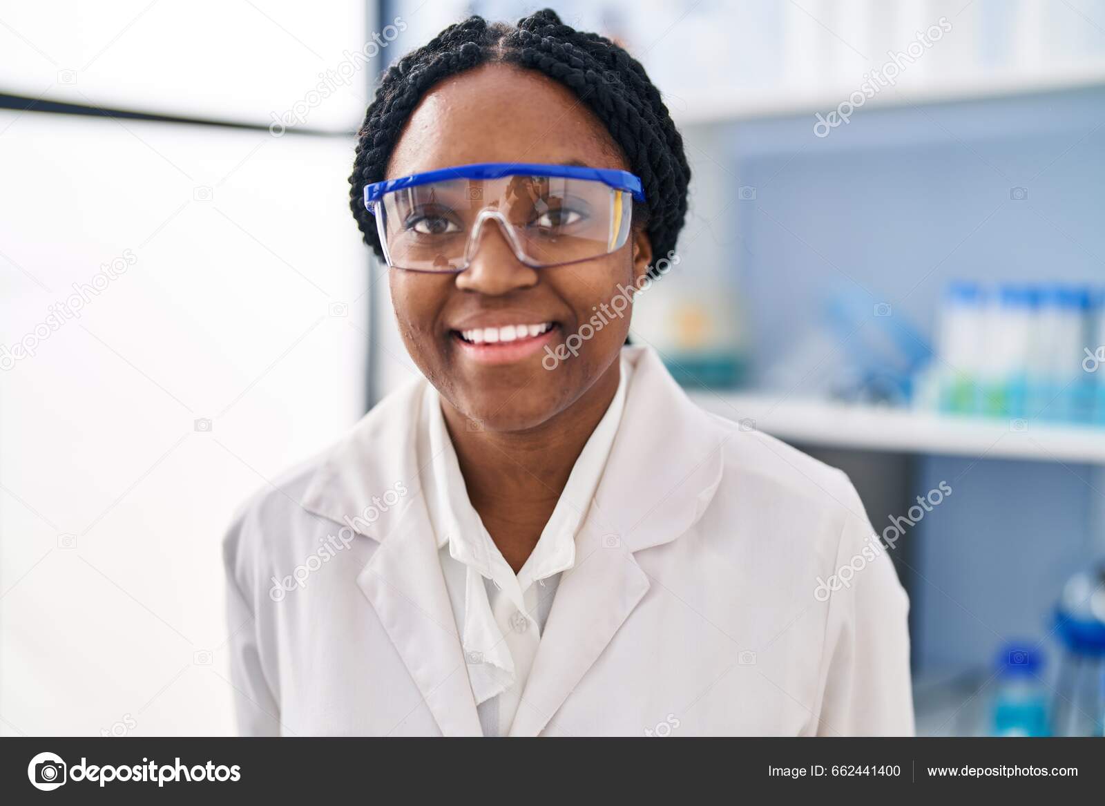 African American Woman Scientist Smiling Confident Standing Laboratory — Stock Photo ...