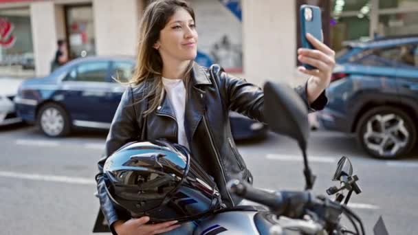 Young Blonde Woman Make Selfie Smartphone Sitting Motorcycle Street ...