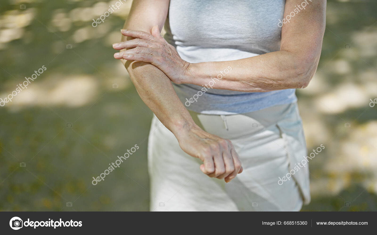 Middle Age Woman Scratching Arm Park — Stock Photo © Krakenimages.com ...