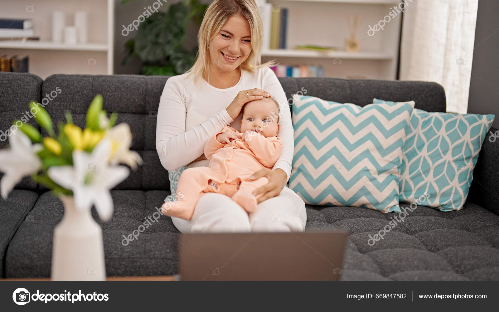 Mother Daughter Hugging Each Other Watching Movie Laptop Home — Stock Photo © Krakenimages.com ...