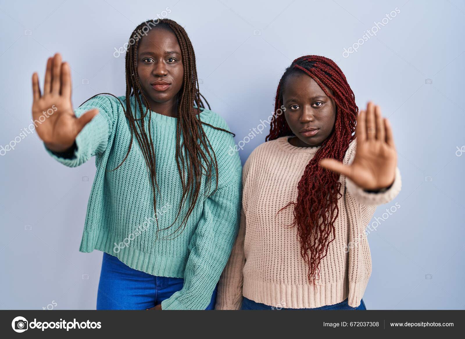 Two African Woman Standing Blue Background Doing Stop Sing Palm — Stock ...