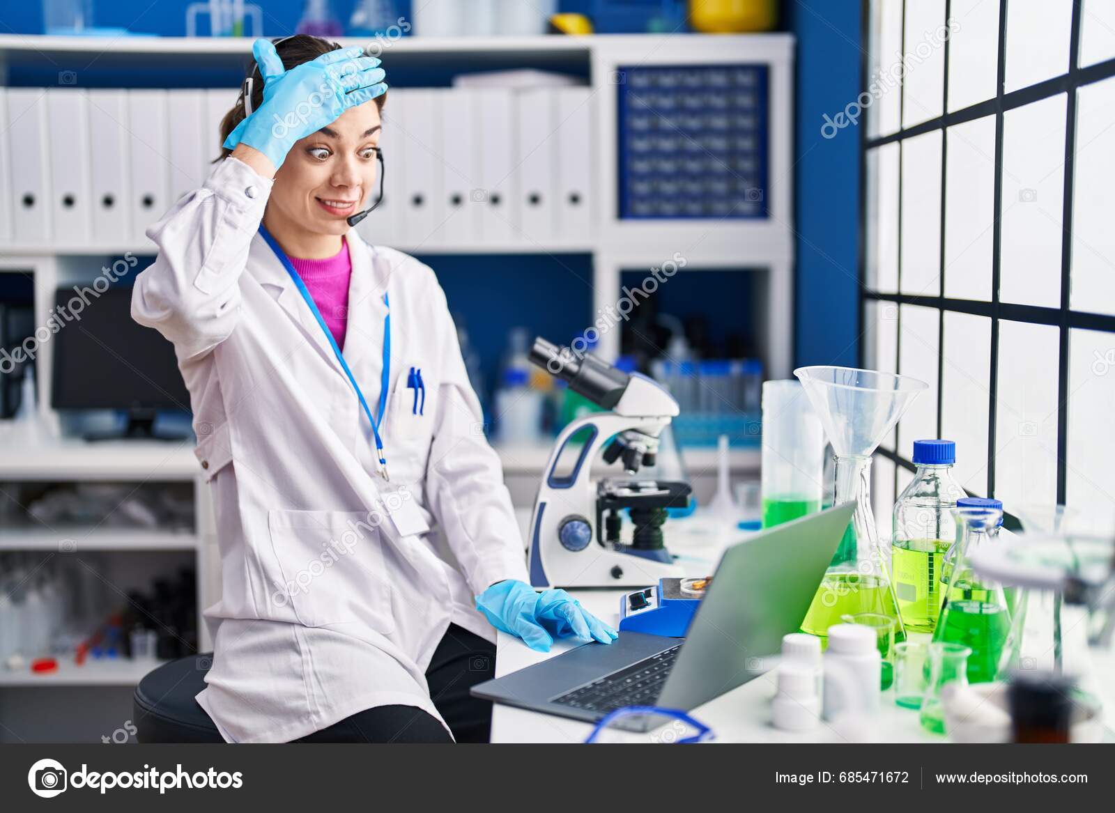 Hispanic Woman Working Scientist Laboratory Stressed Frustrated Hand ... Hispanic Woman Working Scientist Laboratory Stressed Frustrated Hand ...