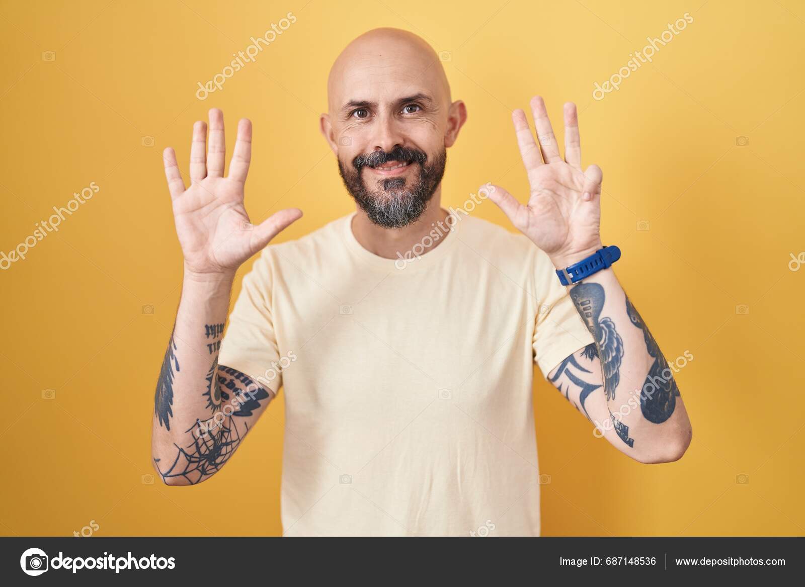 Hispanic Man Tattoos Standing Yellow Background Showing Pointing ...