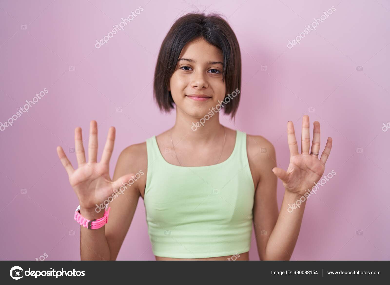 Young Girl Standing Pink Background Showing Pointing Fingers Number Ten ...