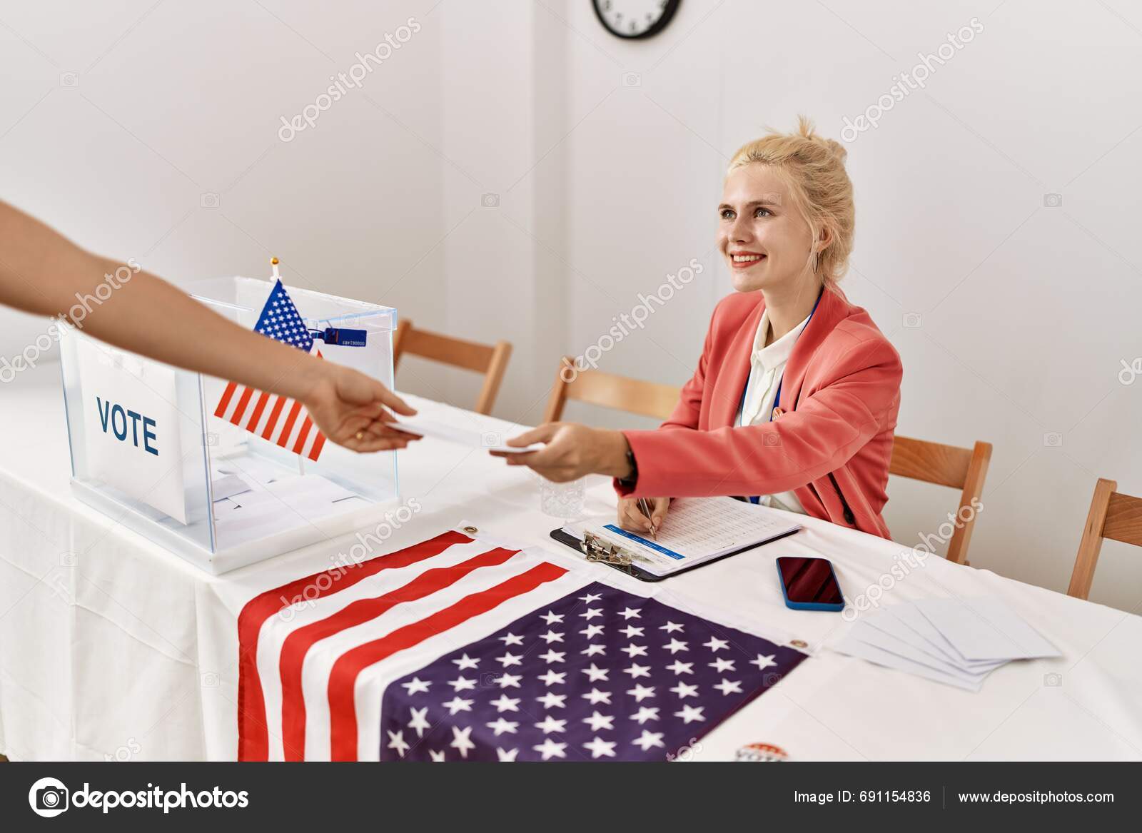 Young Blonde Woman Electoral Table President Writing Clipboard Giving ...