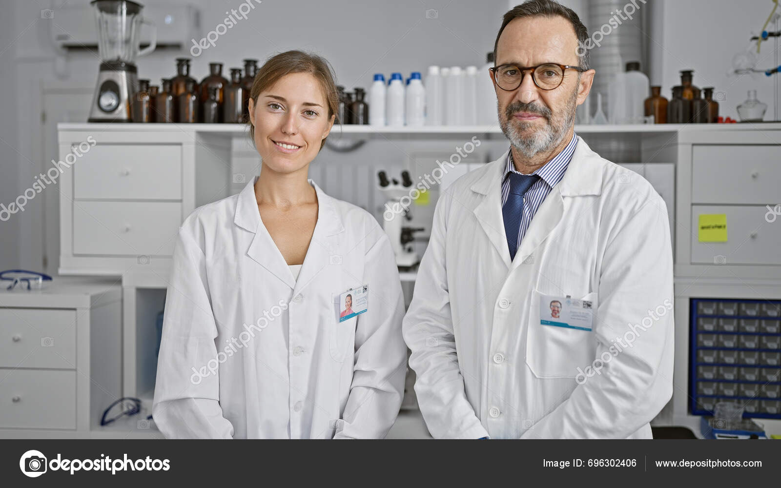 Two Joyful Scientists Standing Together Smiling Research Vibrant Lab ...