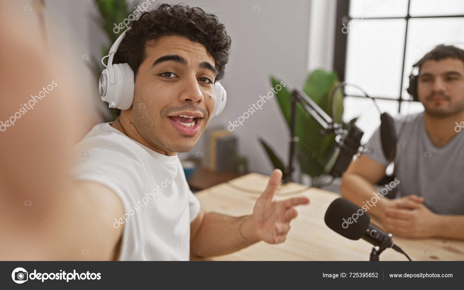 Two Men Engaging Podcast Recording Session Indoors Microphone ...