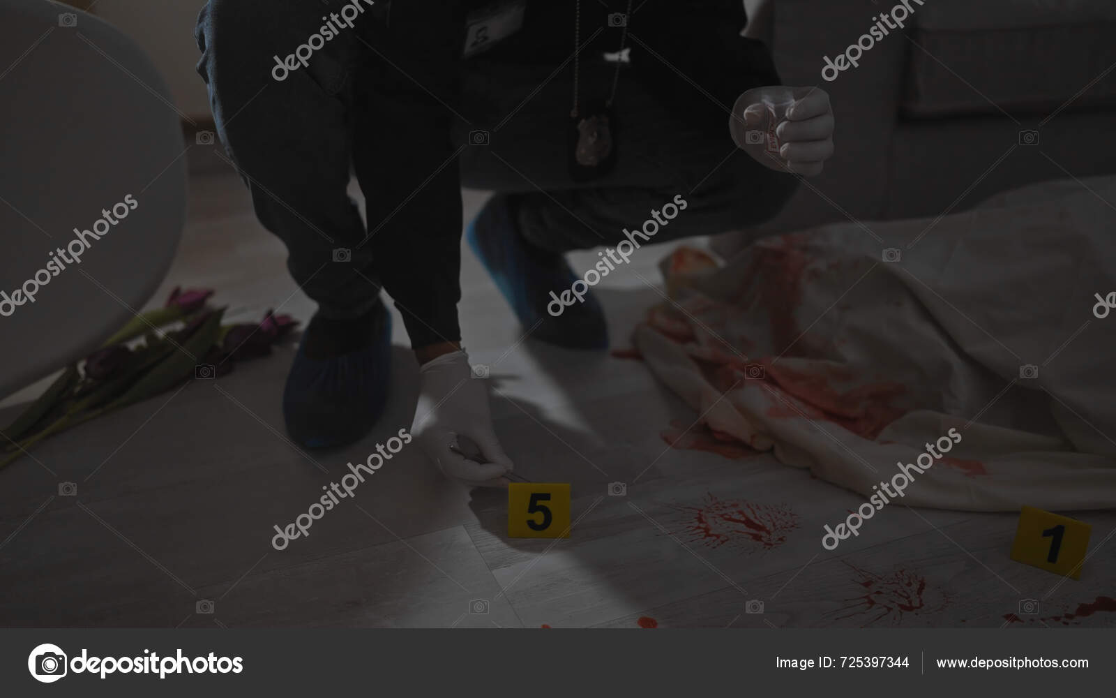 Male Detective Examines Evidence Indoor Crime Scene Numbered Markers Blood — Stock Photo ...