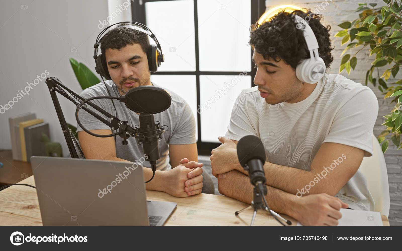 Two Men Podcasting Microphone Laptop Modern Studio Having Conversation ...