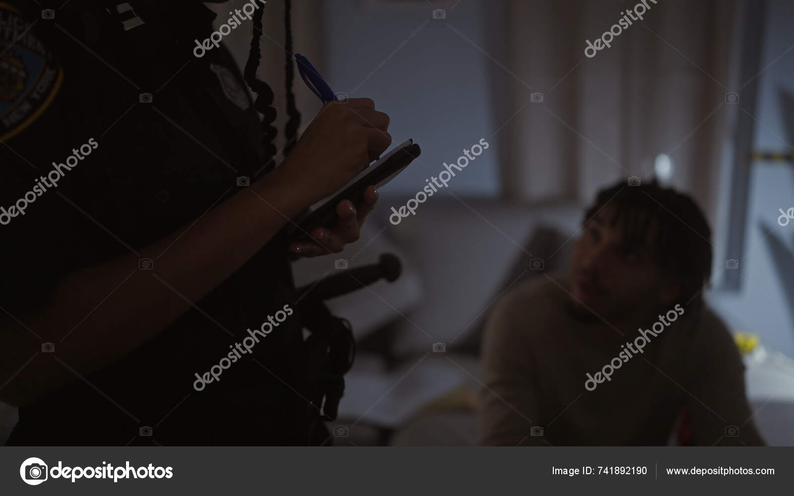 Policewoman Taking Notes Clipboard Interrogates Man Indoors Depicting ...