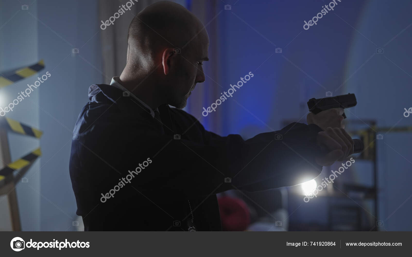 Bald Man Beard Holding Gun Investigates Dark Indoor Crime Scene — Stock ...