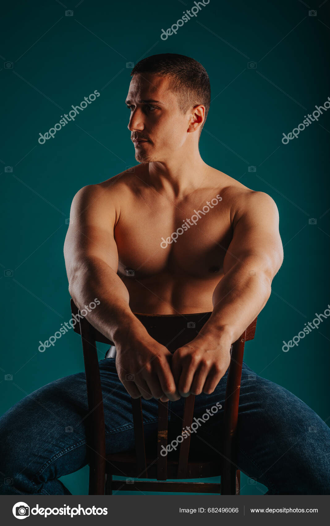 Strong Muscular Man Looking Aside While Posing Sitting Chair Studio ...