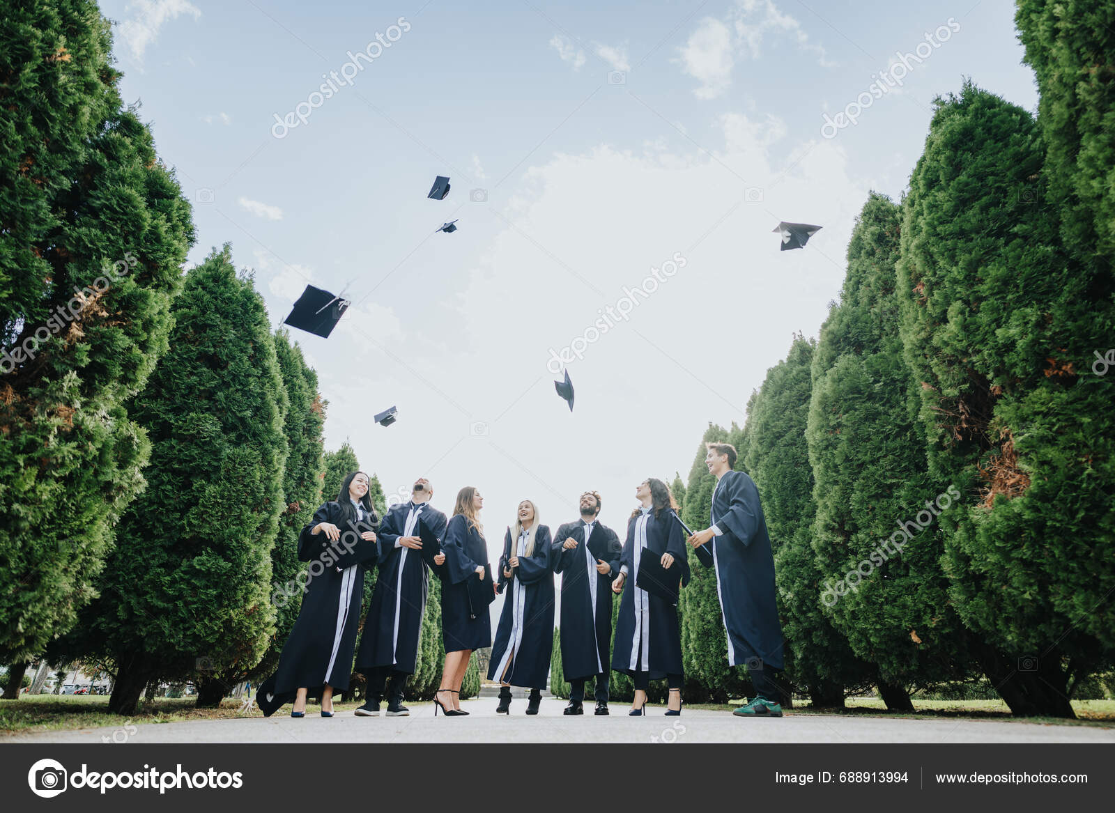 Happy Students Graduation Gowns Throwing Caps Celebrate Achievements ...