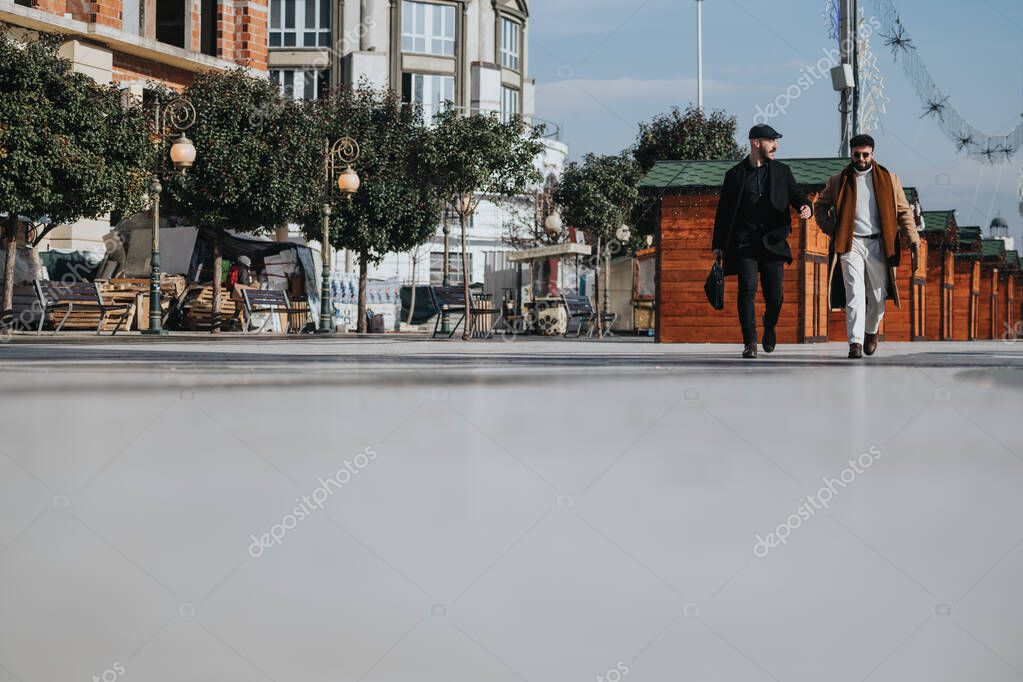 Amigos masculinos con estilo paseando uno al lado del otro en un ...