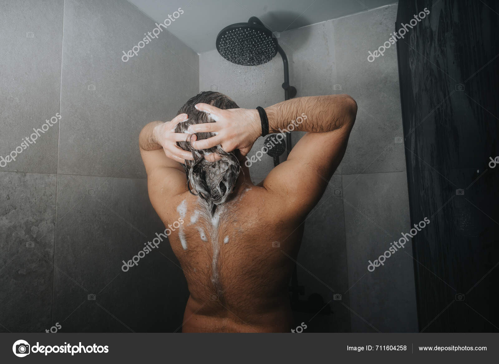 Rear View Man Scrubbing His Head Shampoo Running Shower Depicting ...