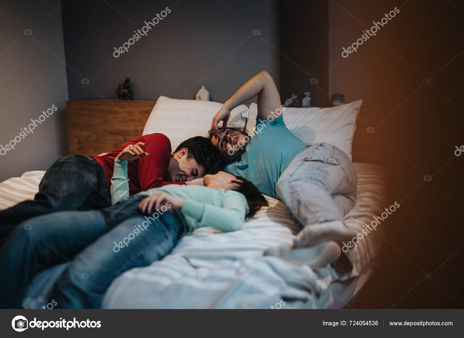 Group Friends Unwind Bed Showcasing Bonding Comfort Casual Setting ...