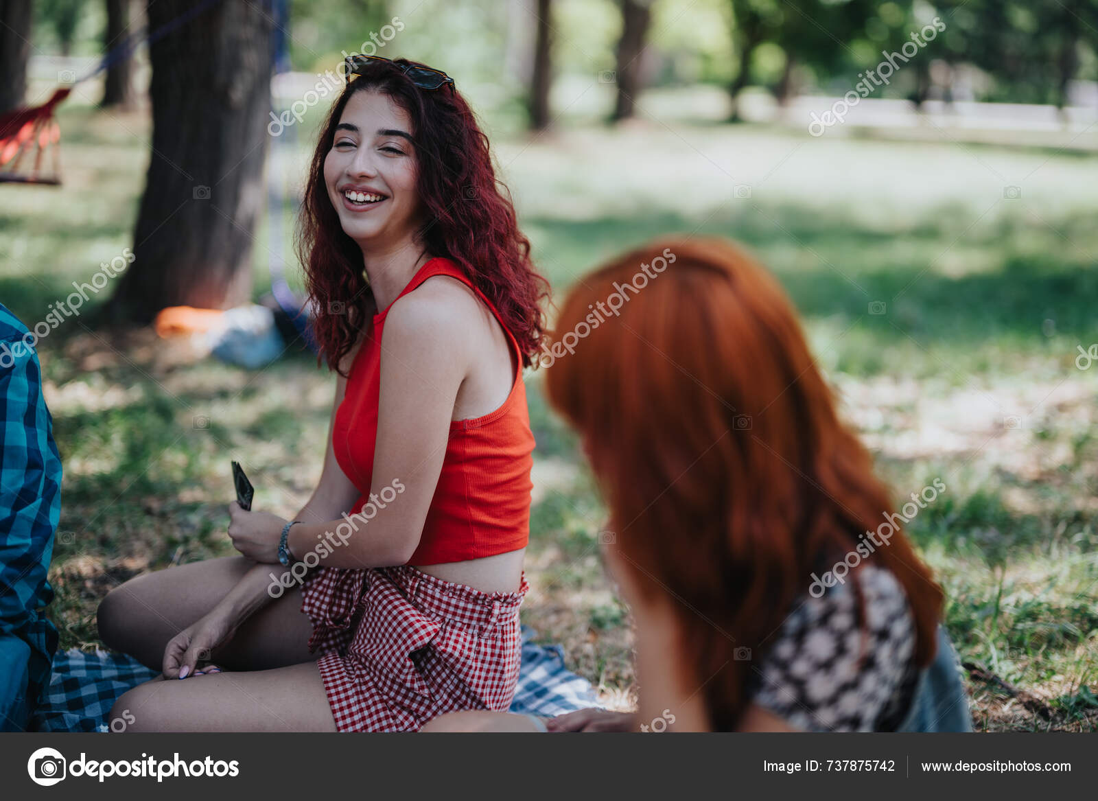 Two Friends Laughing Enjoying Sunny Day Park Having Relaxing Picnic ...