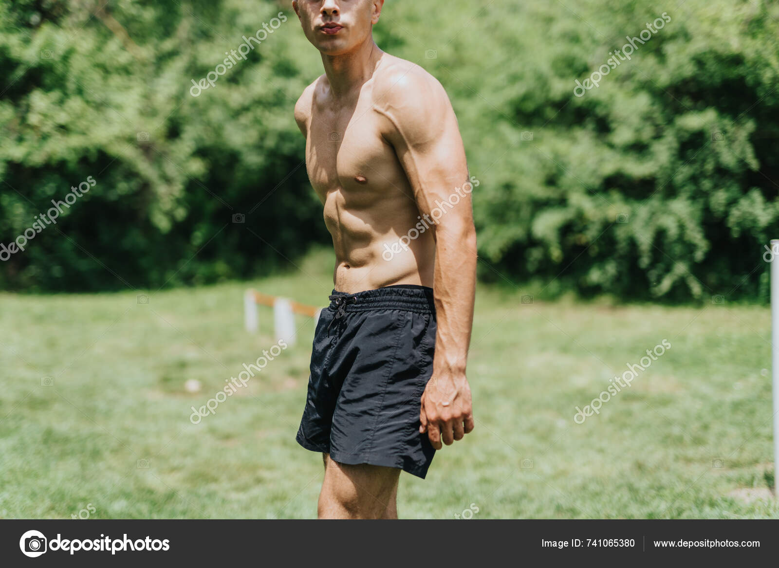 Fit Man Exercising Outdoors Green Park Demonstrating Strength Fitness ...