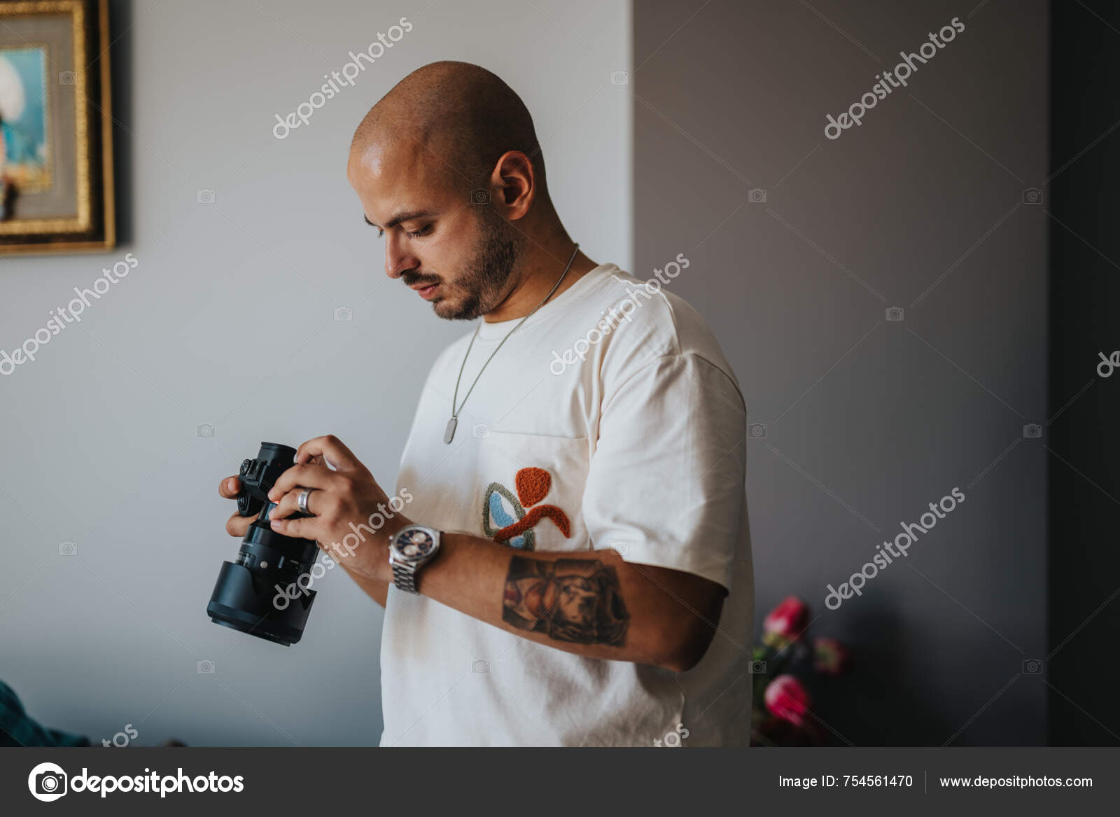 Man Holding Camera Adjusting Settings Focusing Intently Indoor Setting ...
