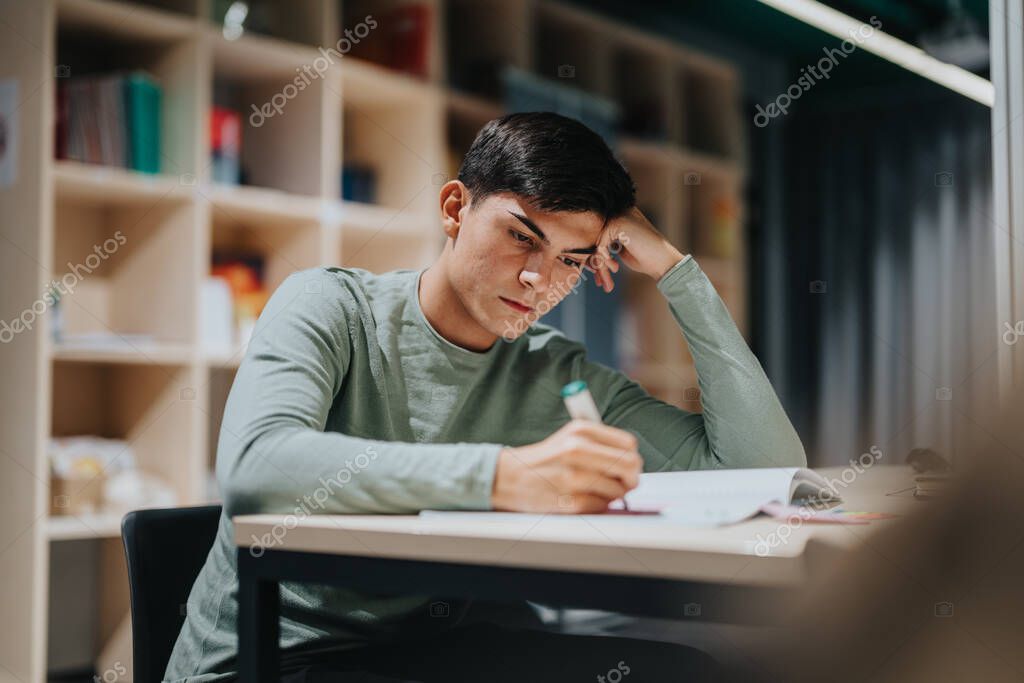 Un estudiante de secundaria que estudia intensamente mientras está ...