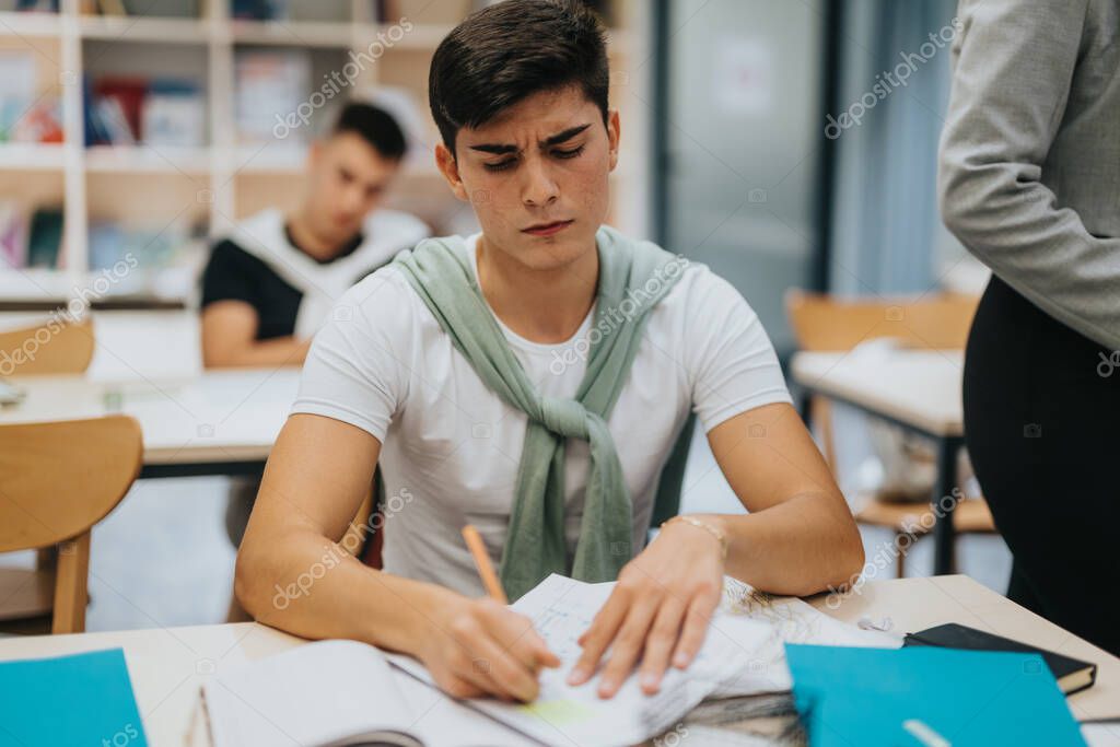 Un estudiante dedicado que se concentra en escribir notas en un ...