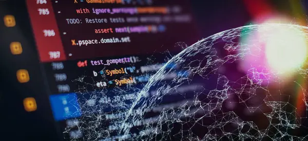 Ambiente de trabajo de un programador en casa, fondo. Código de ...