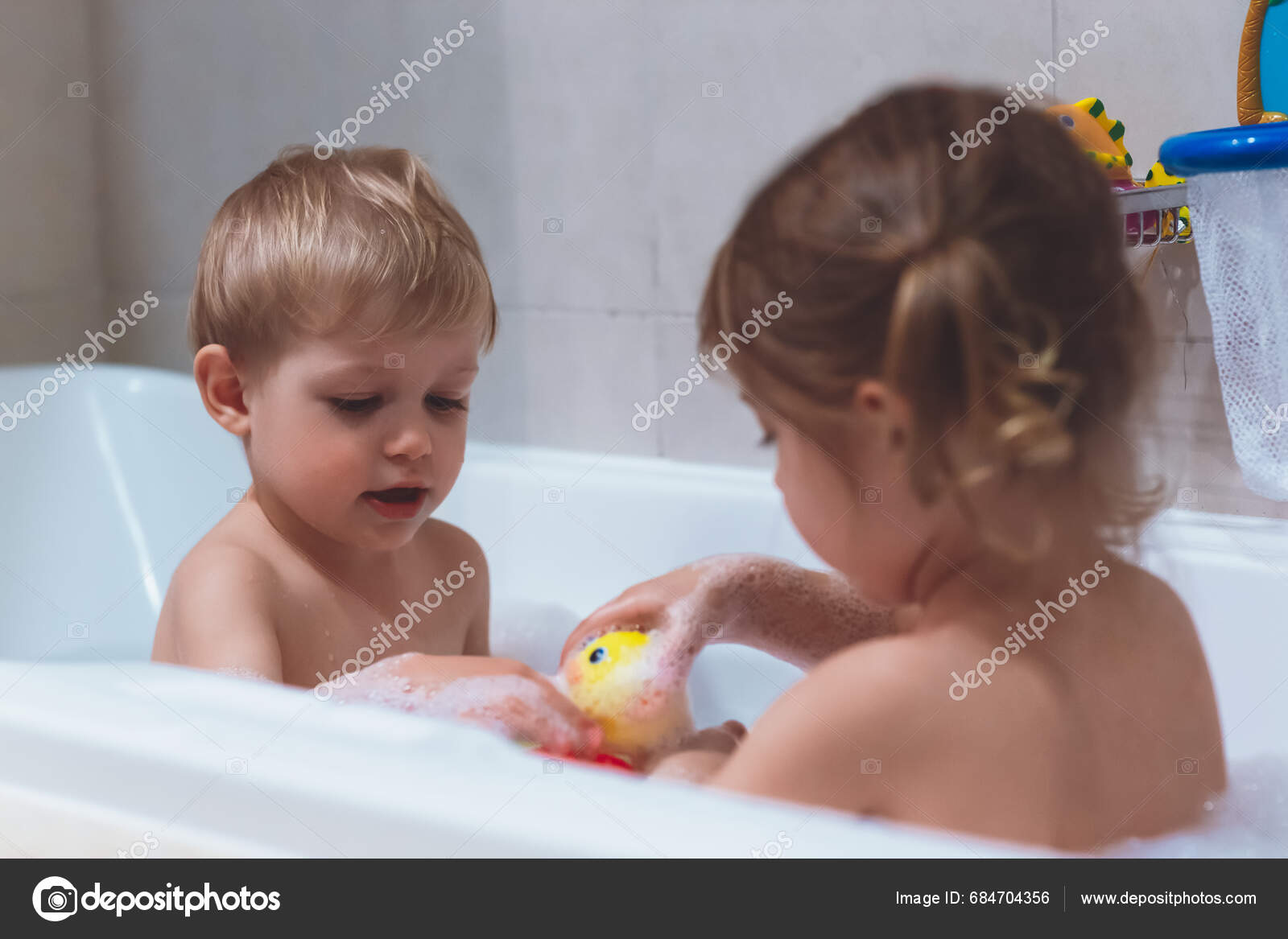 Two Small Children Take Bubble Bath Sweet Little Brother Sister — Stock ...