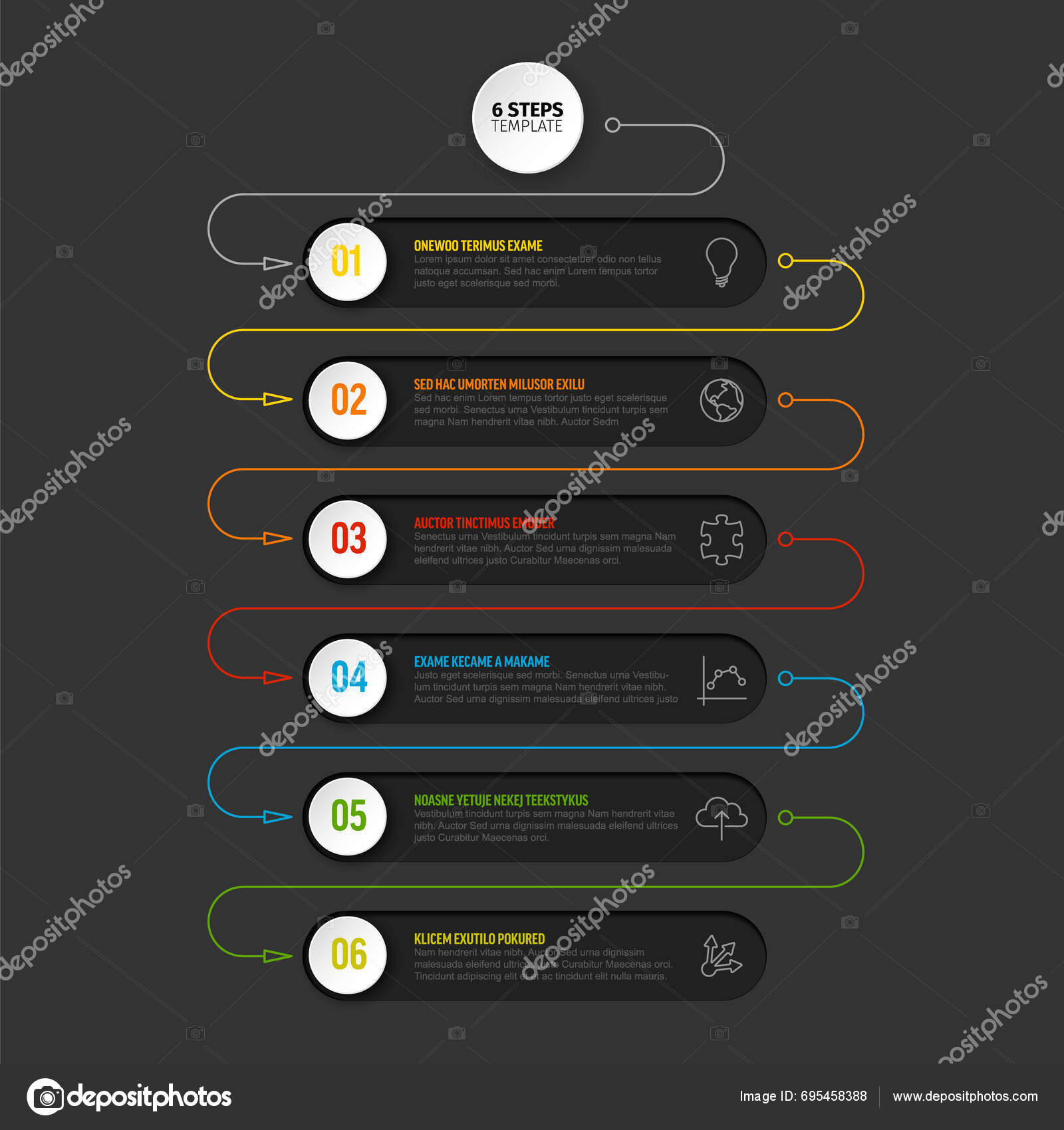 Six Process Progress Steps Rounded Blocks Template Descriptions Icons ...